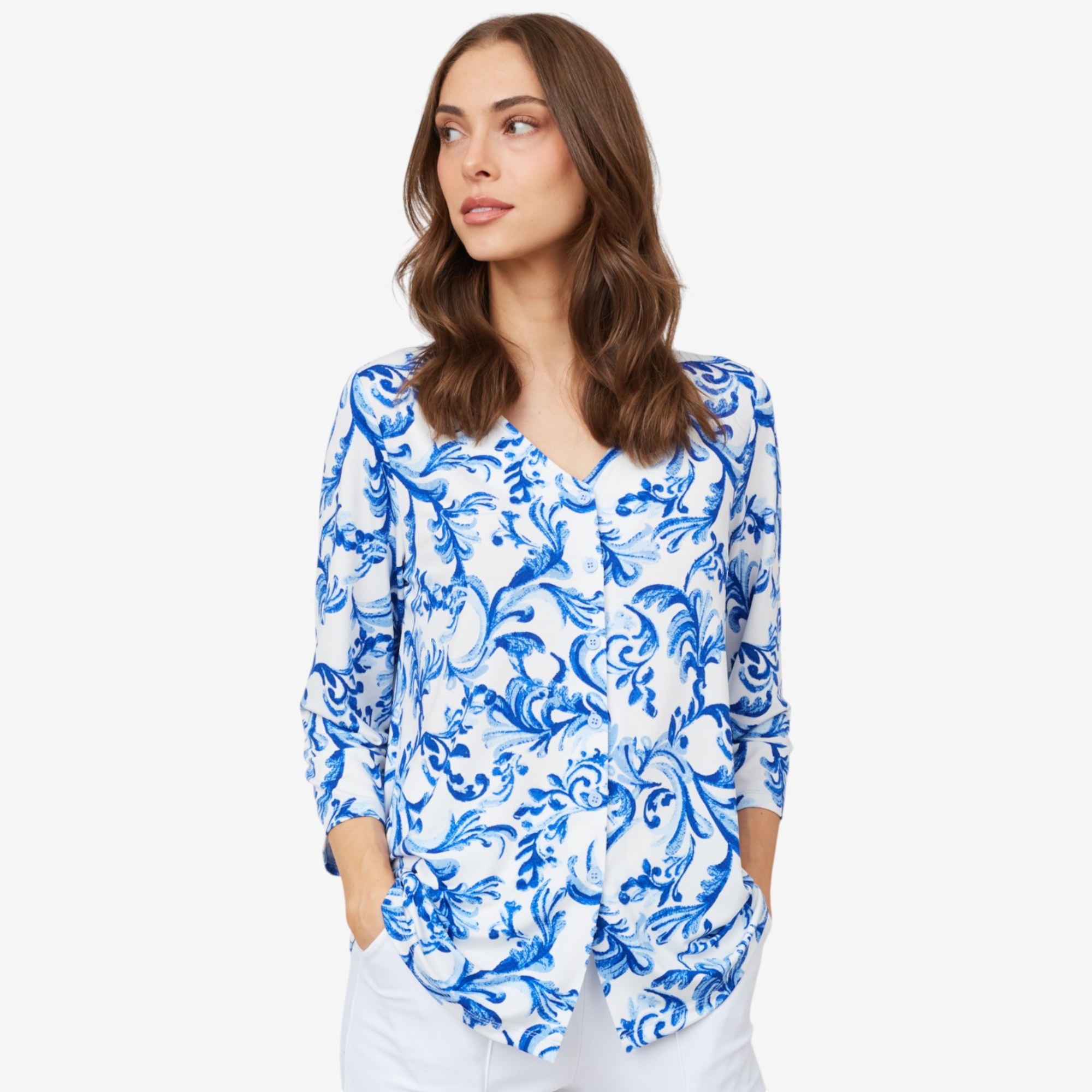Kim & Co. Printed Brazil Knit 3/4 Sleeve Button Front Blouse - TSC.ca
