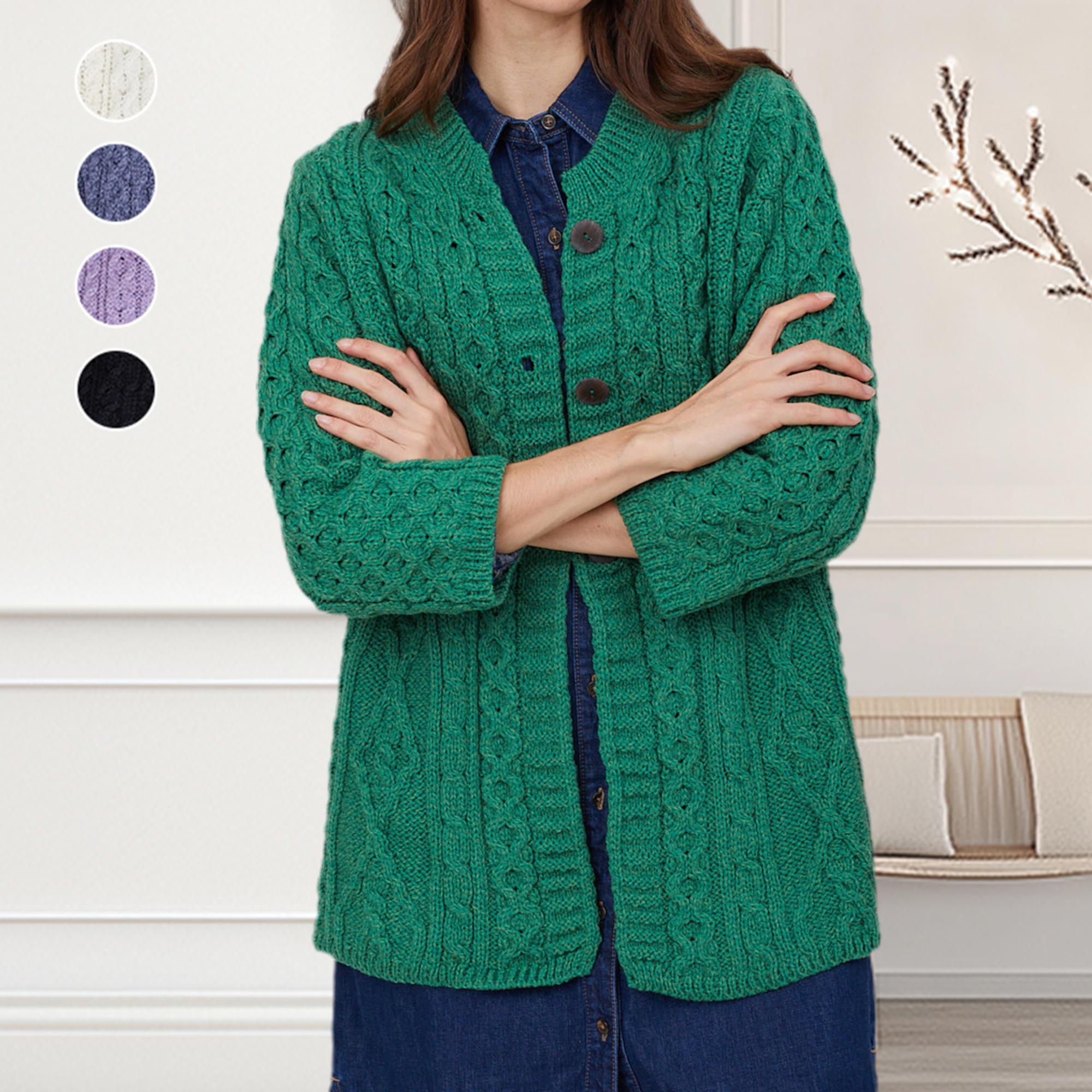 Aran Woollen Mills A-Line Merino Diamond and Cable Cardigan - TSC.ca