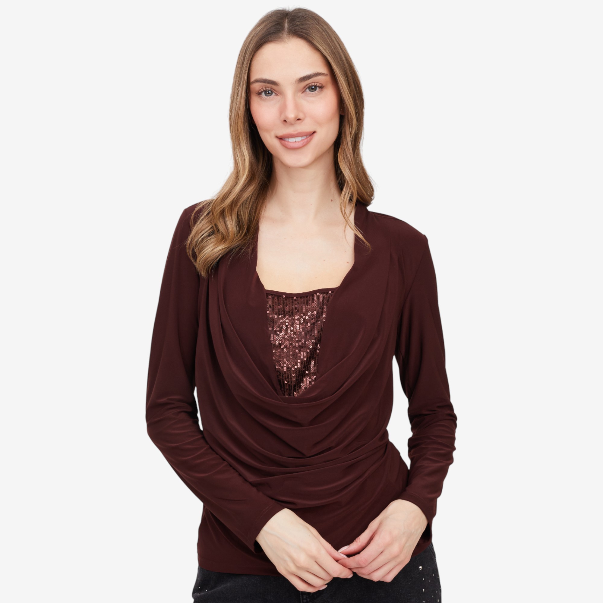 Nina Leonard Drape Neck Top with inset Sequin - TSC.ca