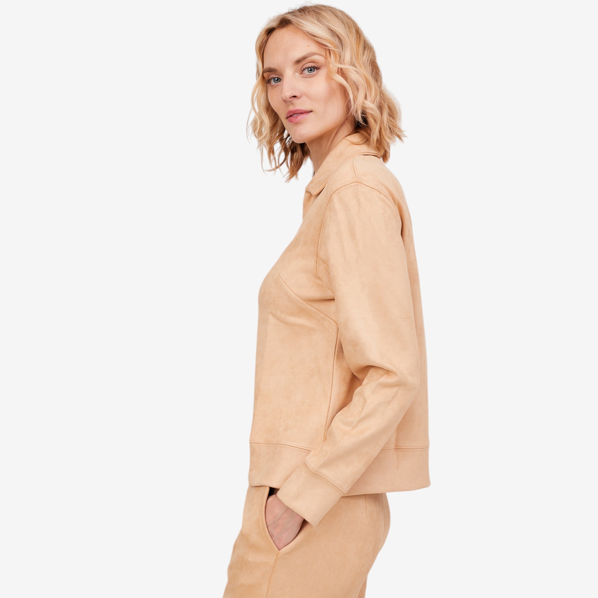 Badgley Mischka Lara Scuba Luxe Suede Johnny Collar Top - TSC.ca