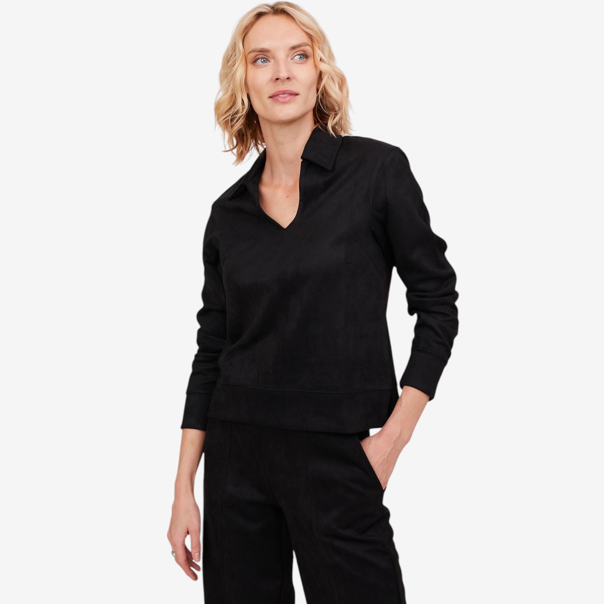 Badgley Mischka Lara Scuba Luxe Suede Johnny Collar Top - TSC.ca