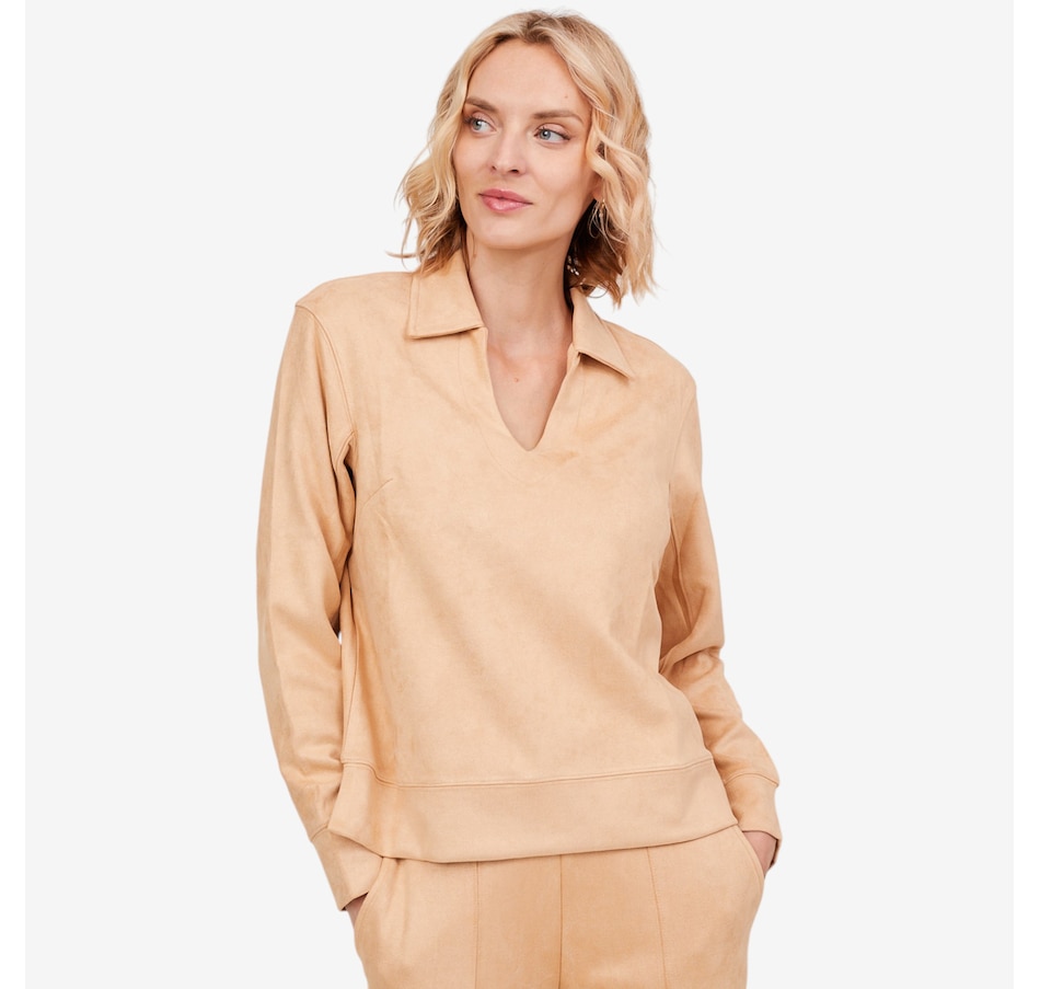 Badgley Mischka Lara Scuba Luxe Suede Johnny Collar Top - TSC.ca