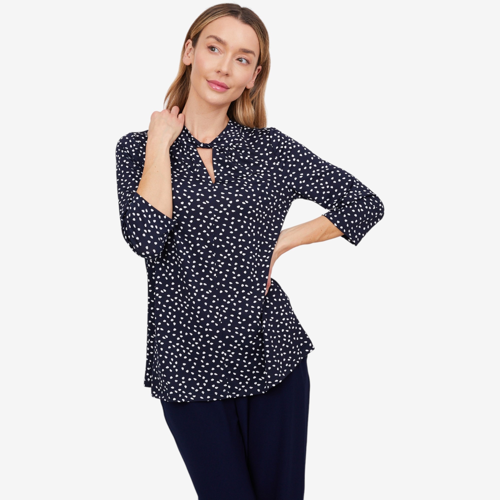 Kim & Co. Printed Brazil Knit 3/4 Sleeve Twist Neckline Keyhole Top ...