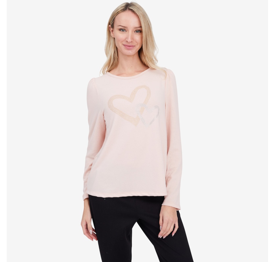 Kim & Co. Soft Touch Long Sleeve Rhinestone Heart In Heart Print Top ...