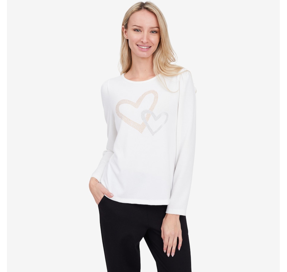 Kim & Co. Soft Touch Long Sleeve Rhinestone Heart In Heart Print Top ...