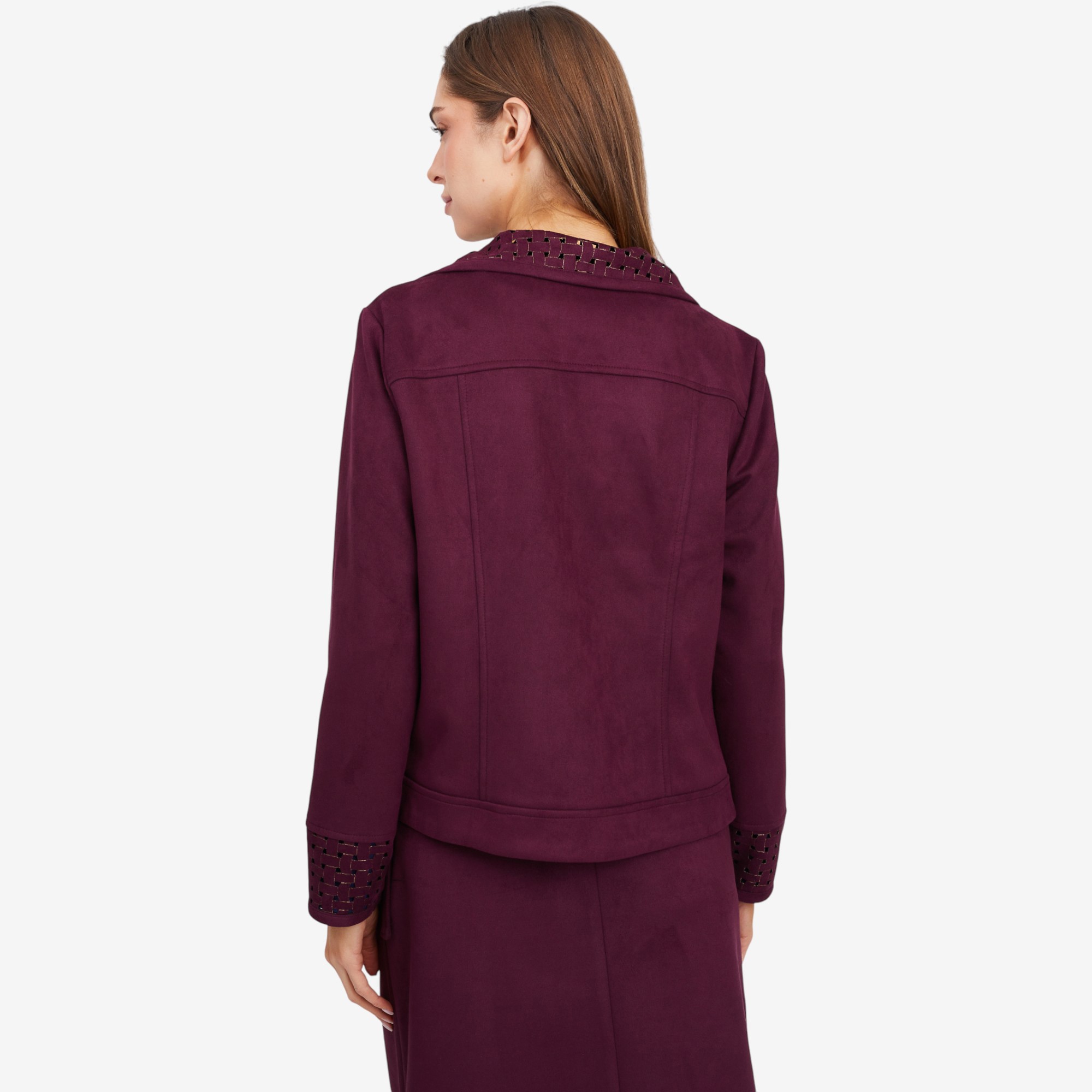 Mr. Max Stretch Faux Suede Zip Front Jacket with Lattice Cut-Out Detail ...