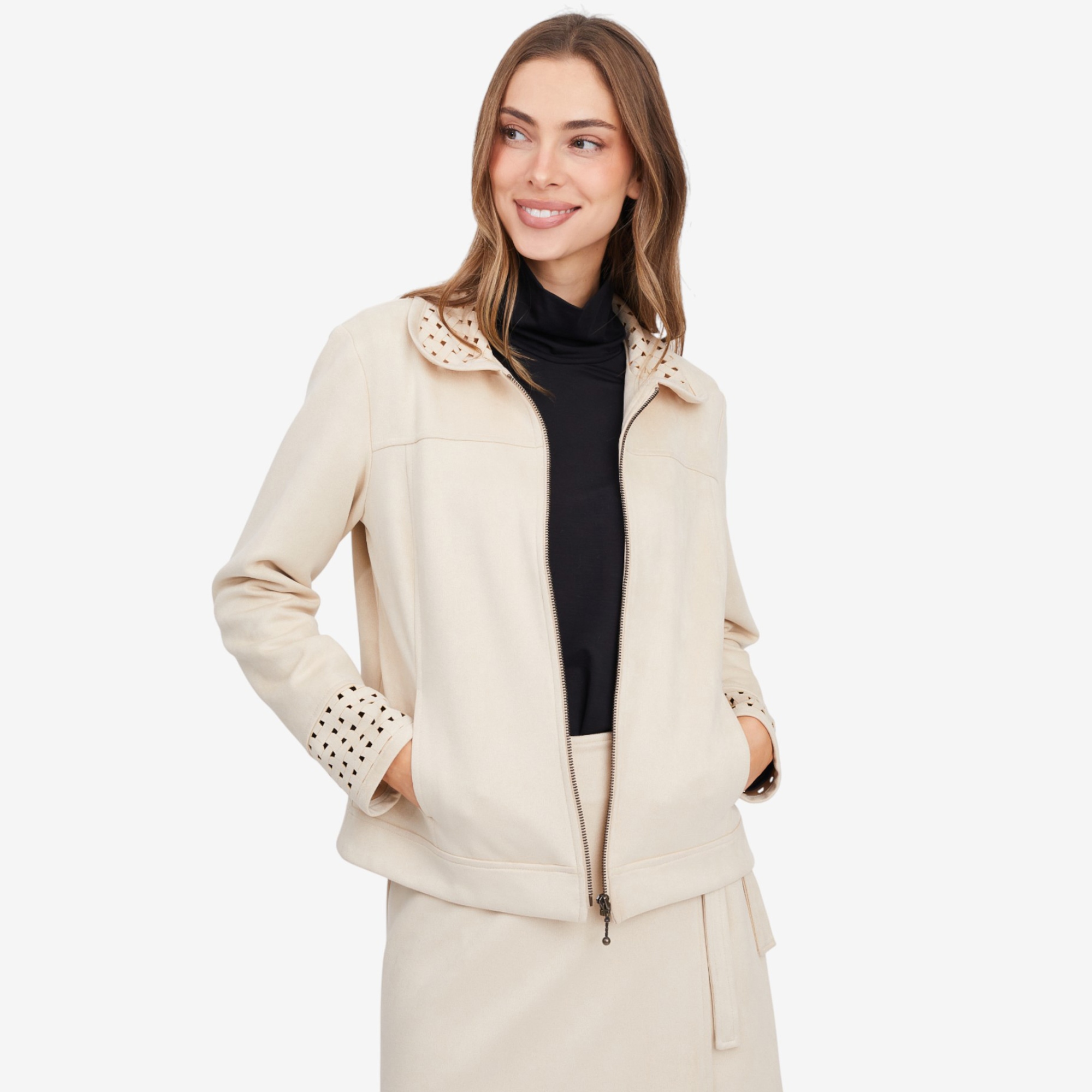 Mr. Max Stretch Faux Suede Zip Front Jacket with Lattice Cut-Out Detail ...