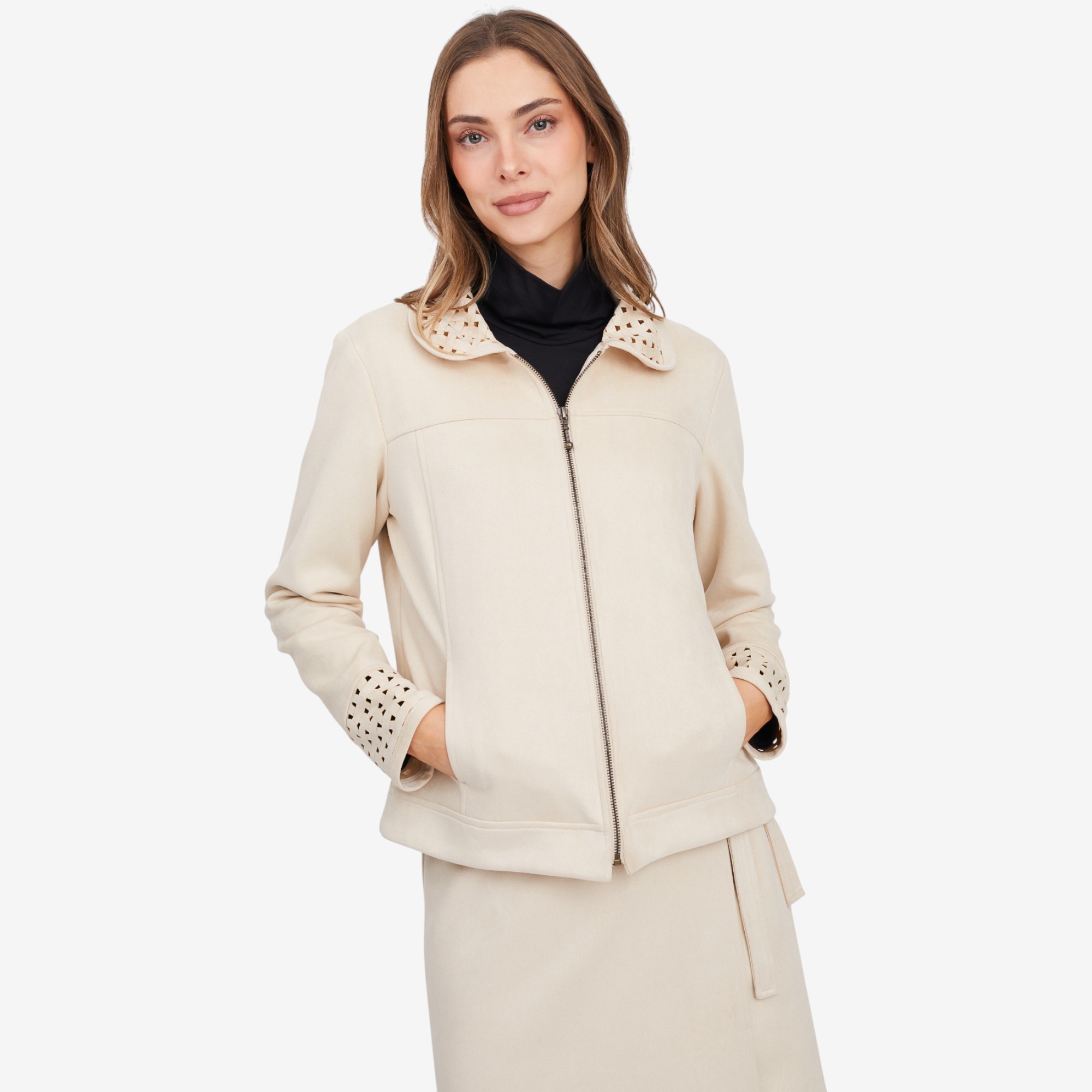 Mr. Max Stretch Faux Suede Zip Front Jacket with Lattice Cut-Out Detail ...