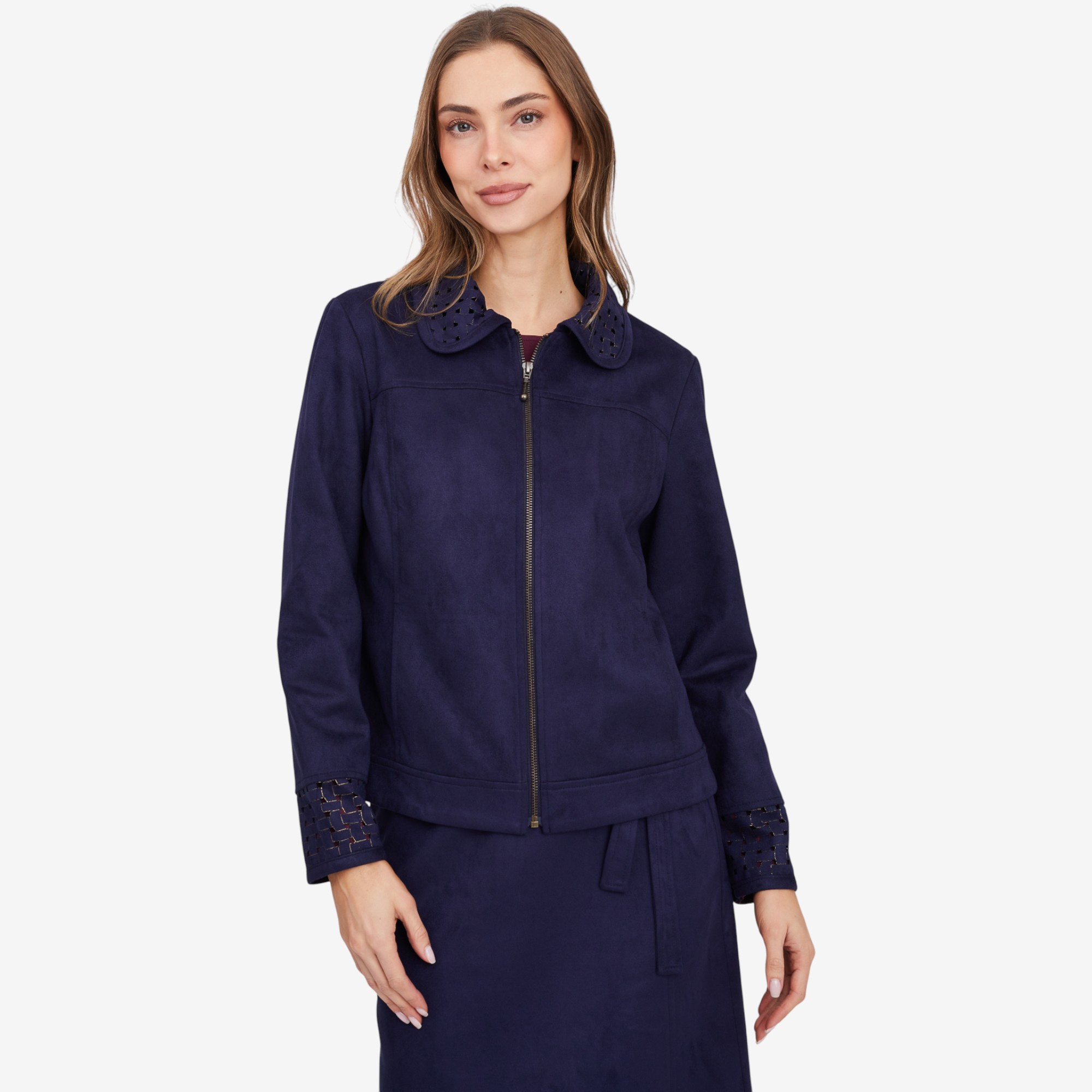 Mr. Max Stretch Faux Suede Zip Front Jacket with Lattice Cut-Out Detail ...