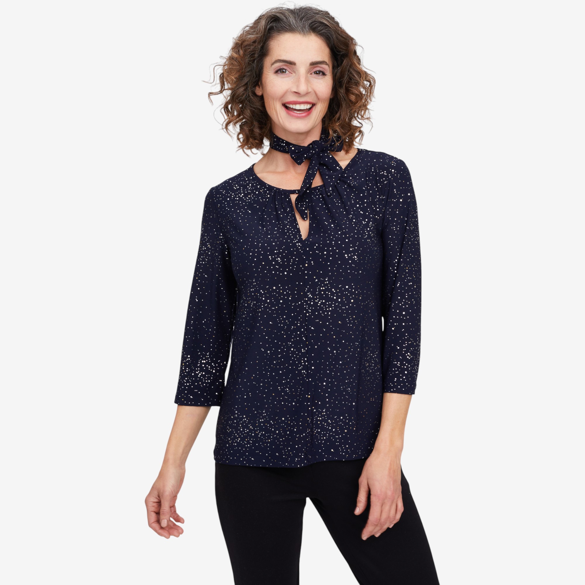 Kim & Co. Foil Brazil Knit 3/4 Sleeve Keyhole Top with Bonus Tie ...