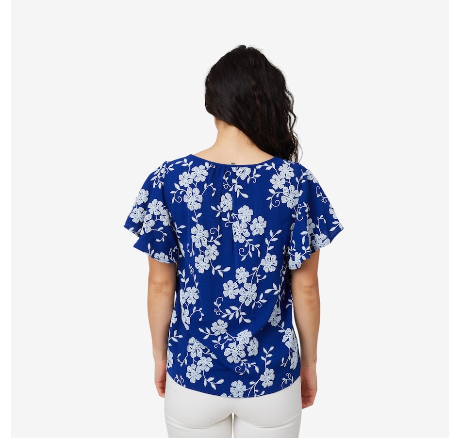 Nina Leonard Puff Print Linen Flutter Sleeve Top - TSC.ca