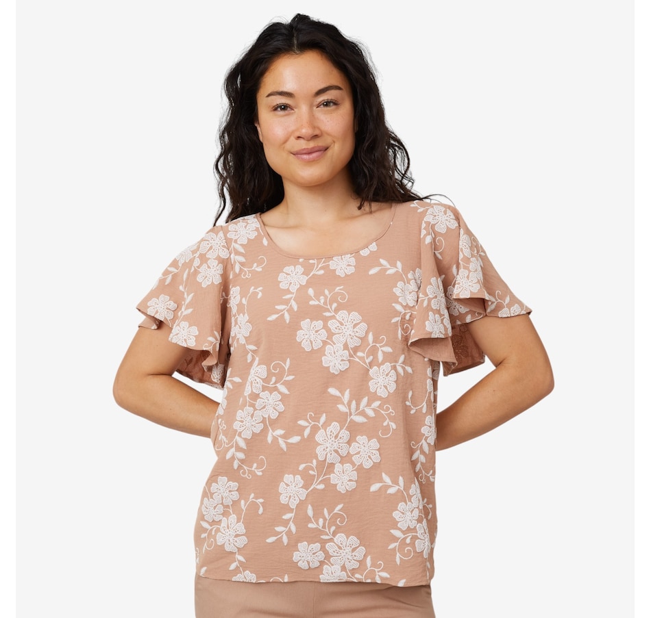 Nina Leonard Puff Print Linen Flutter Sleeve Top - TSC.ca