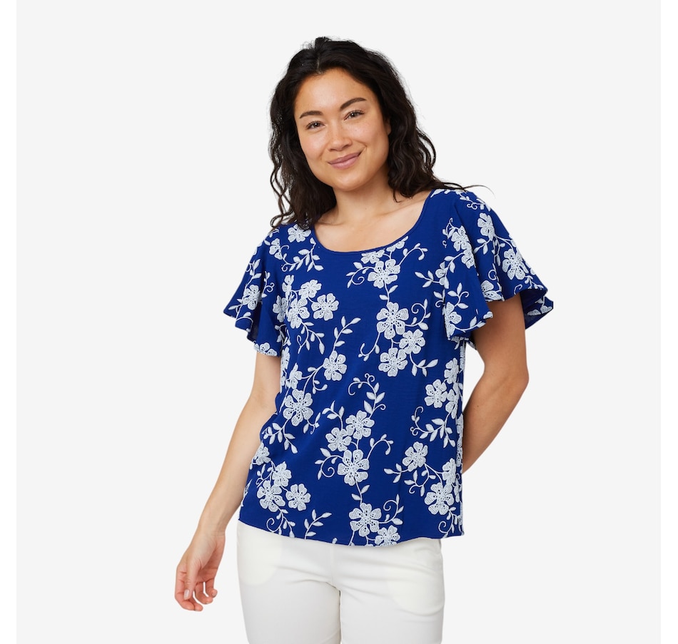 Nina Leonard Puff Print Linen Flutter Sleeve Top - TSC.ca