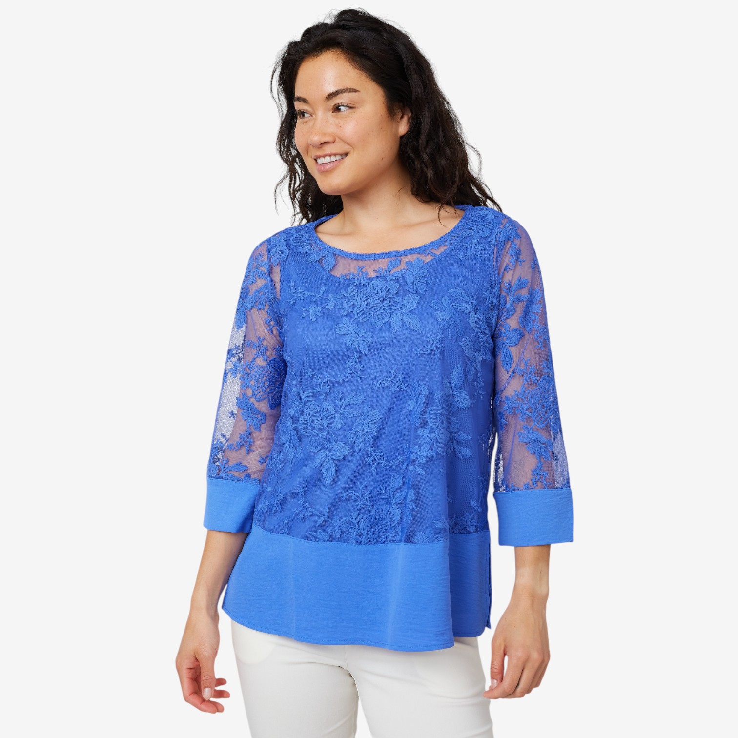 Nina Leonard 3/4 Sleeve Tunic with Embroidery Mesh Body - TSC.ca