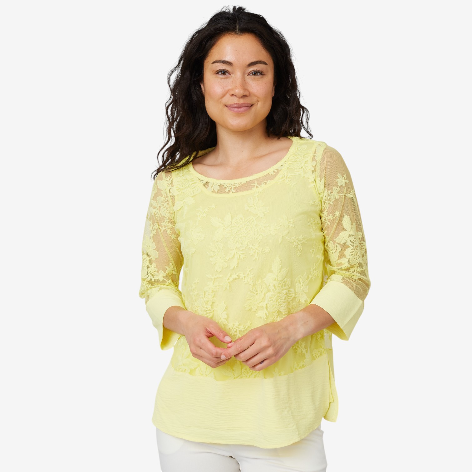 Nina Leonard 3/4 Sleeve Tunic with Embroidery Mesh Body - TSC.ca