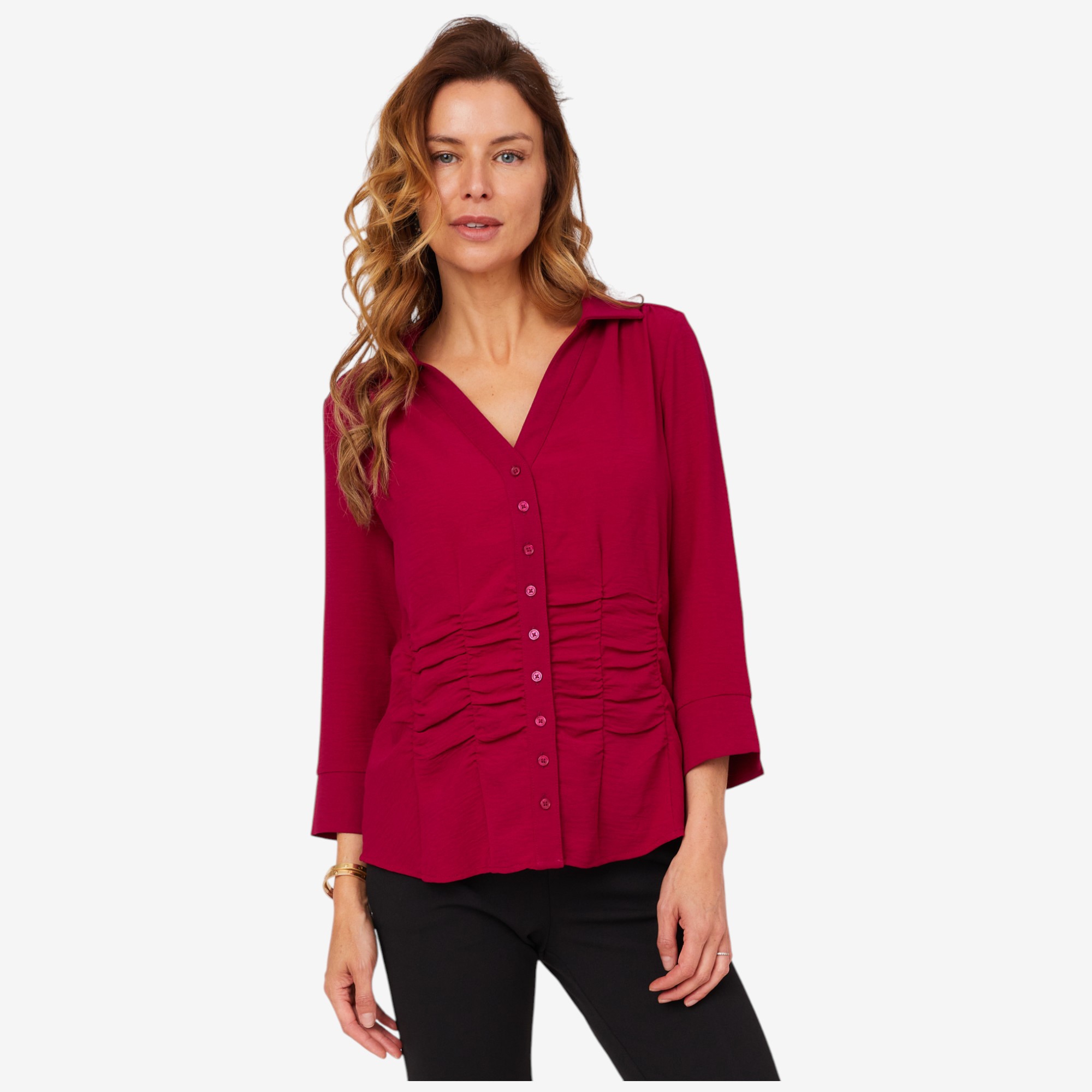 Nina Leonard Button Front Collared Textured Wave Shirt - TSC.ca