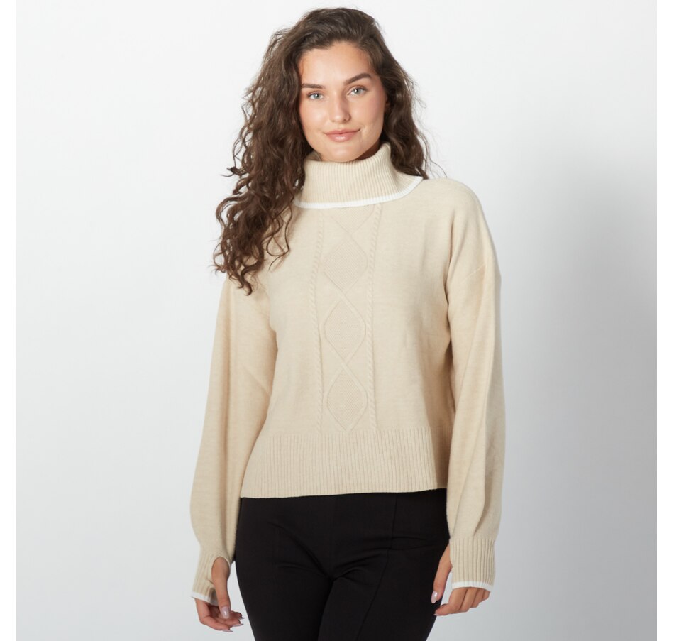 Badgley Mischka Mix Cable Viscose Blend Knit Sweater With Ribbed Turtleneck And Cuffs Tscca