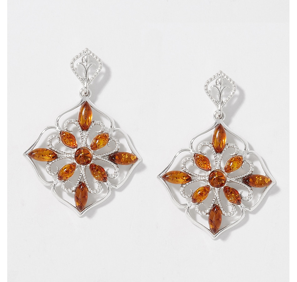 Amber Extraordinaire Sterling Silver Rococo Pattern Amber Earrings - TSC.ca