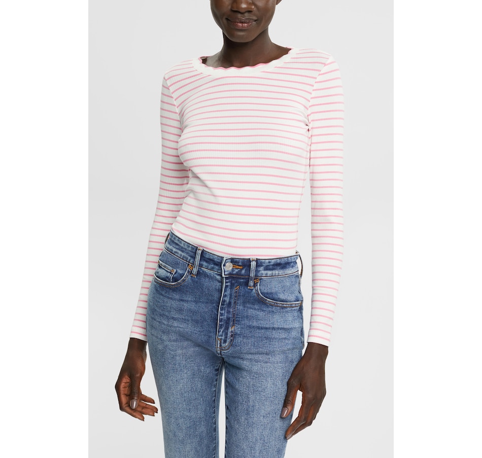 Esprit Rib Striped Frill Neck Top - TSC.ca
