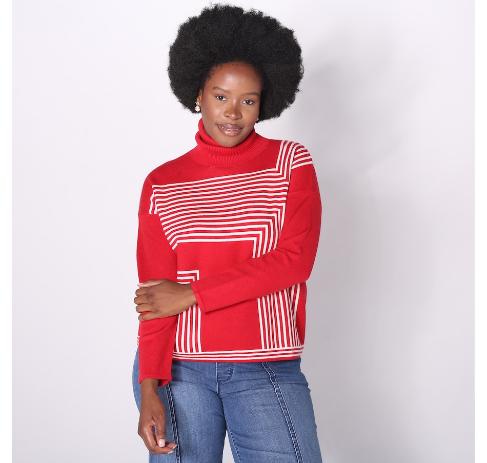 Wynne Style Soft Knit Jacquard Geo Pattern Mock Neck Top - TSC.ca