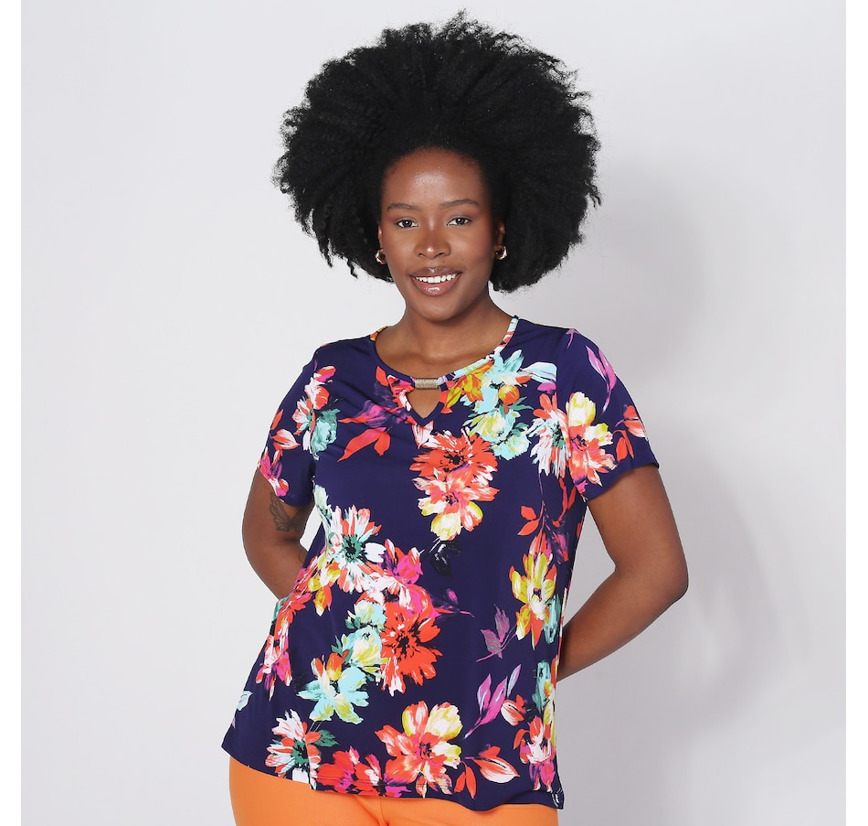 Kim & Co. Printed Brazil Knit Short Sleeve Hi-Low Shirt - TSC.ca