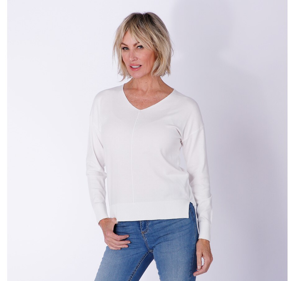Brian Bailey V-Neck Sweater With Front Seam And Hi-Low Hem - TSC.ca