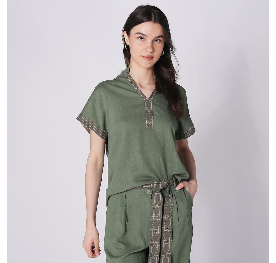 Aggel Knitwear Linen Blend Blouse With Knitted Details - TSC.ca