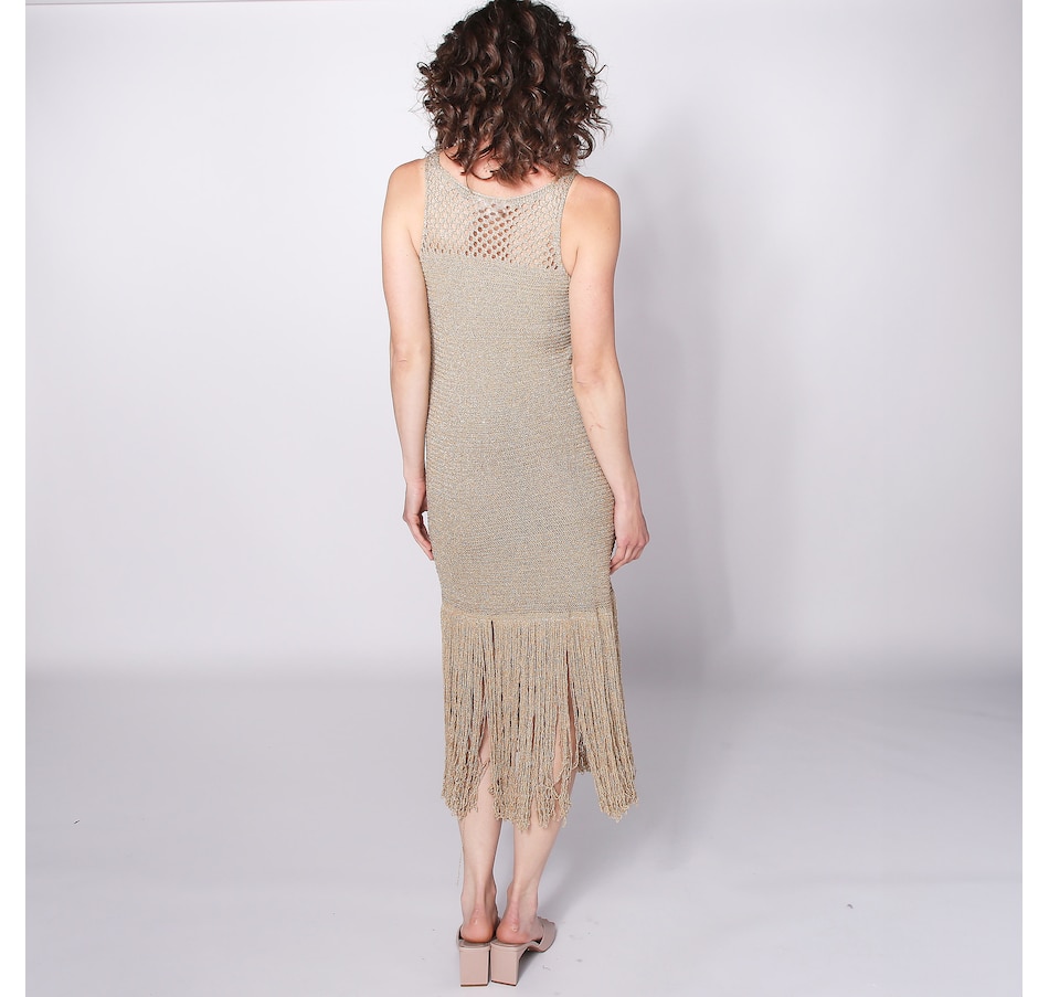 Aggel Knitwear Metallic Open Knit Fringed Maxi Dress - TSC.ca