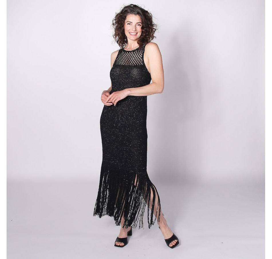 Aggel Knitwear Metallic Open Knit Fringed Maxi Dress - TSC.ca