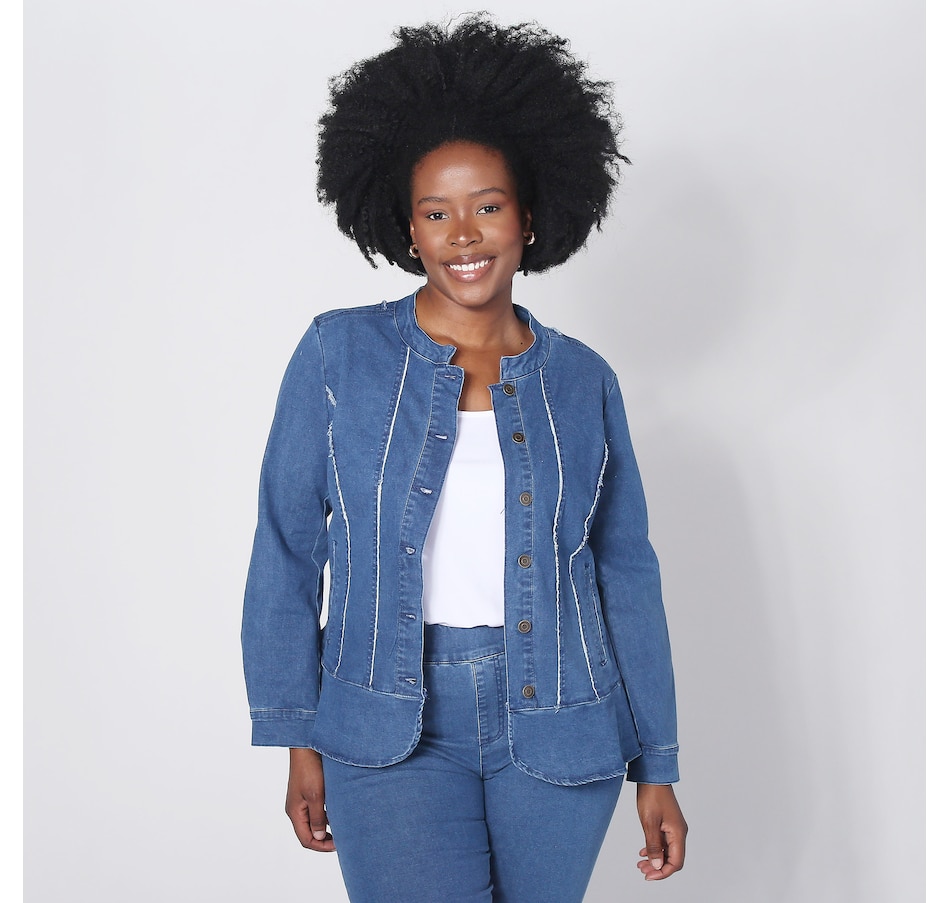 Nina Leonard Denim Flounce Hem Button Front Jacket - TSC.ca