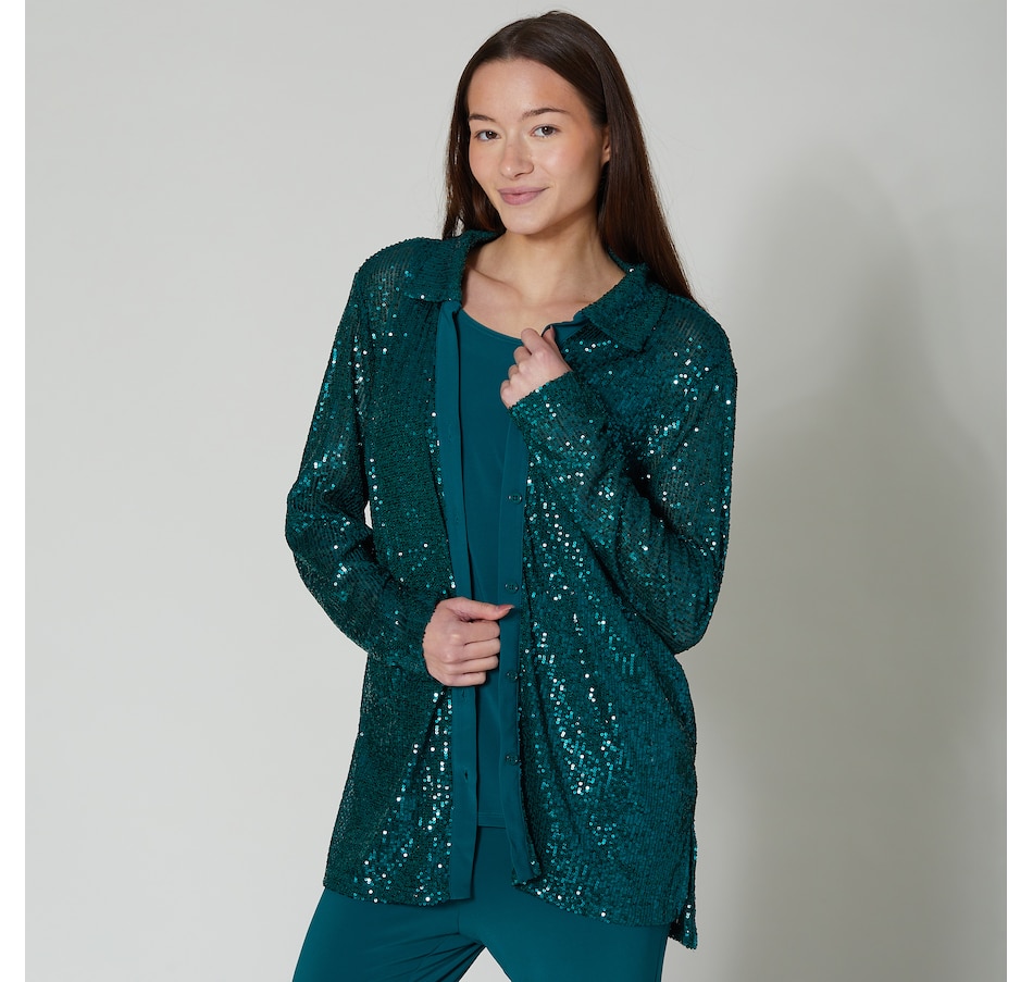 Nina Leonard 3-Piece Sequin Mesh Collared Button Front Shirt with Tank ...