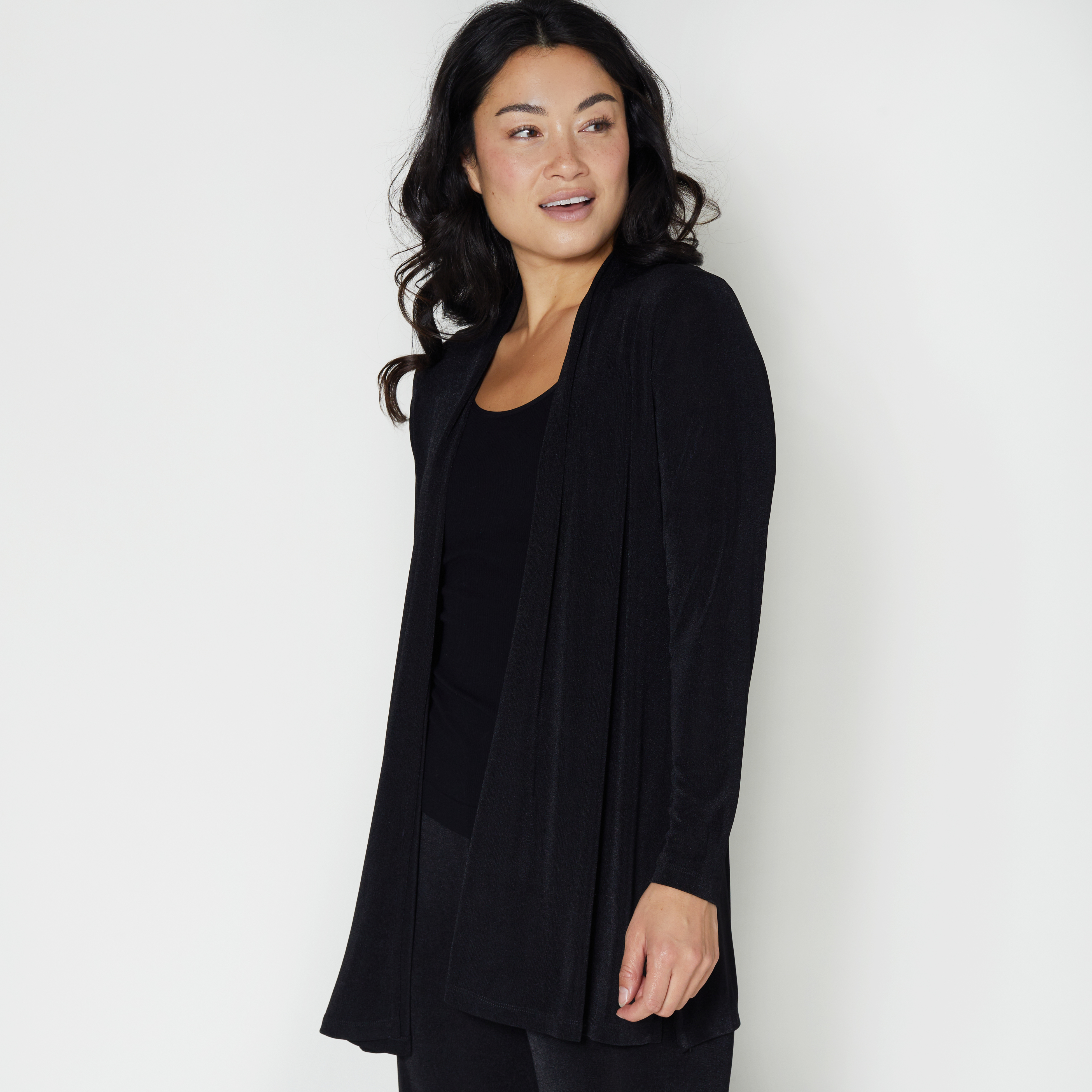 Kim & Co. Poly Slinky Long Sleeve Cardigan with Slits - TSC.ca
