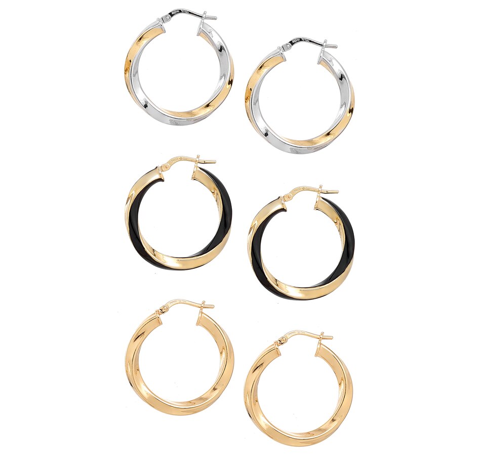 tsc.ca - Bronzoro Set of 3 Twisted Hoops: Yellow Gold, Two Tone & Black Enamel/Yellow Gold