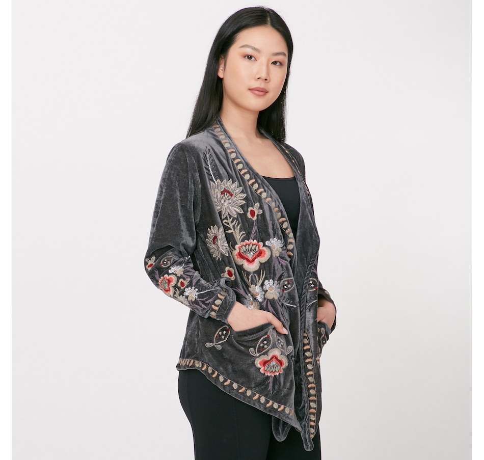 Celestial Blue Velvet Cascade Cardigan With Floral Embroidery - TSC.ca
