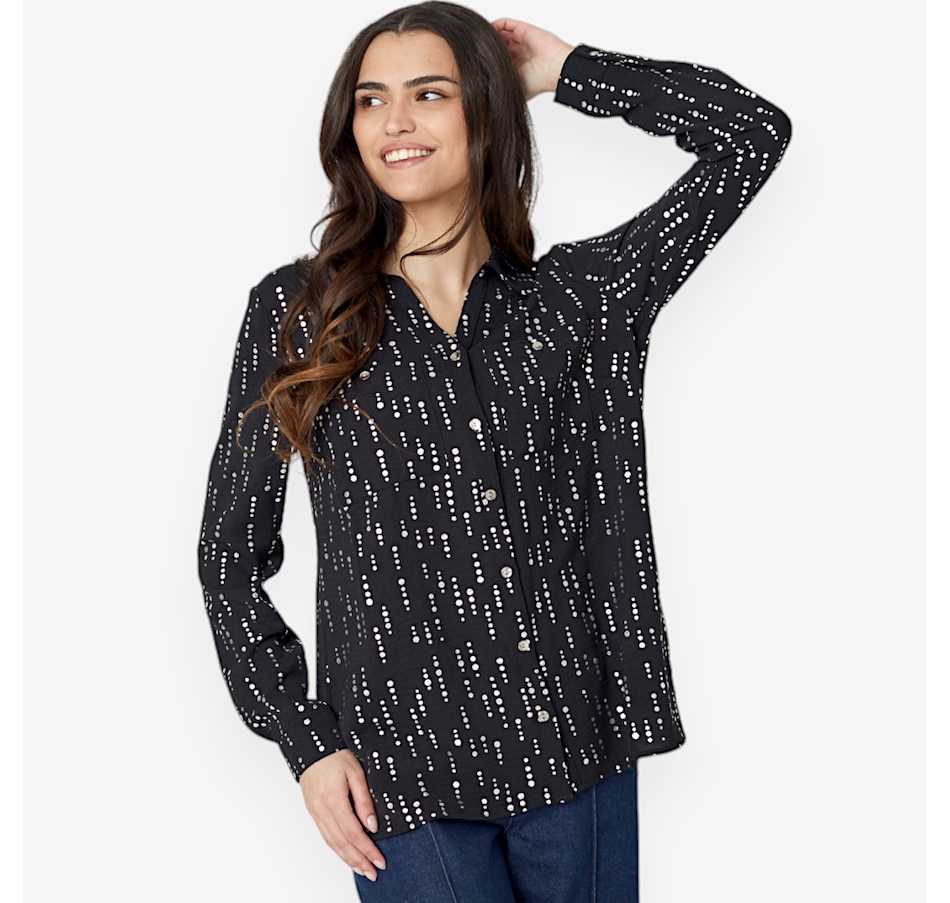 Nina Leonard Collared Button Front Foiled Textured Wave Blouse - TSC.ca