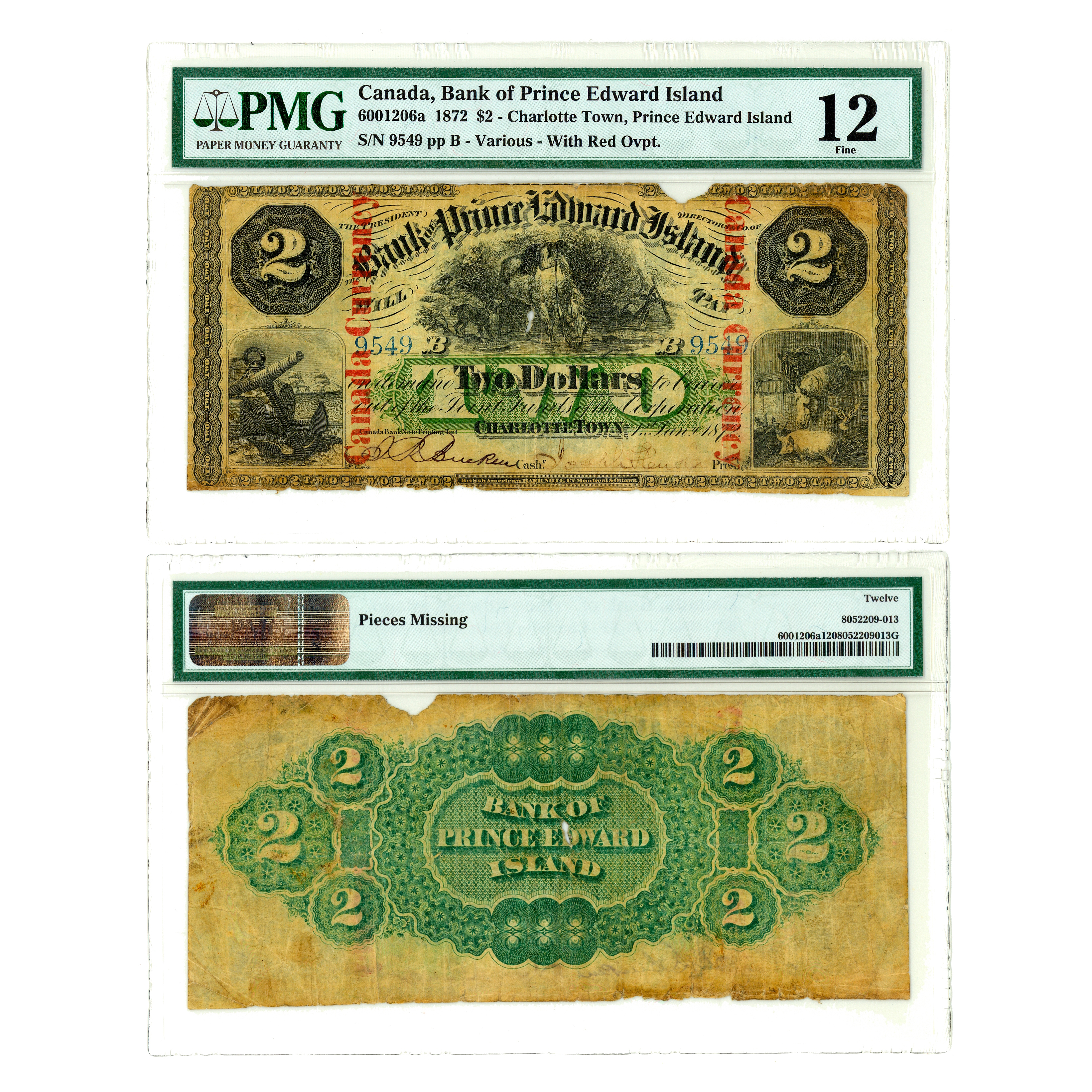 $2 1872 Bank of Prince Edward Island PMG Certified as Fine 12 (Serial ...