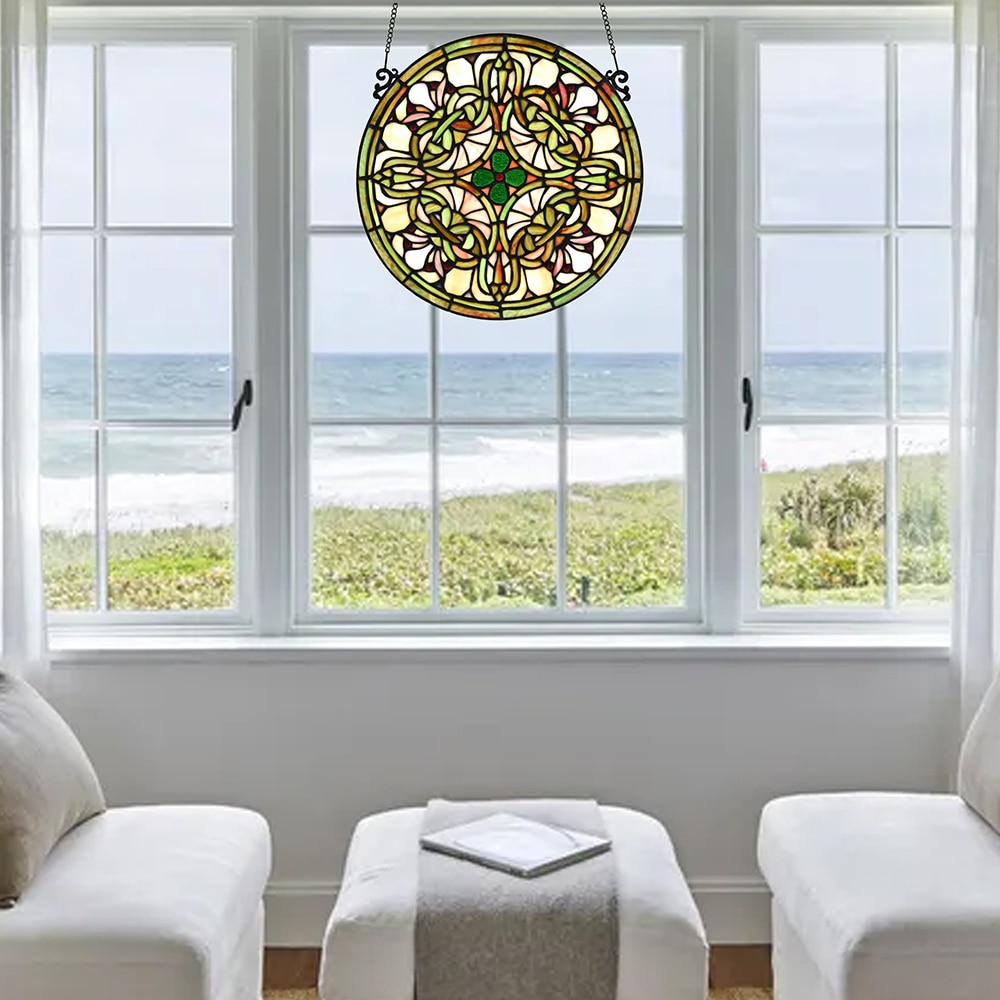 Fine Art Lighting Tree of Life Tiffany Style Stained Glass Window Panel KP122 Yellow Sun Flower Design Round Hanging Decorative Panel 12