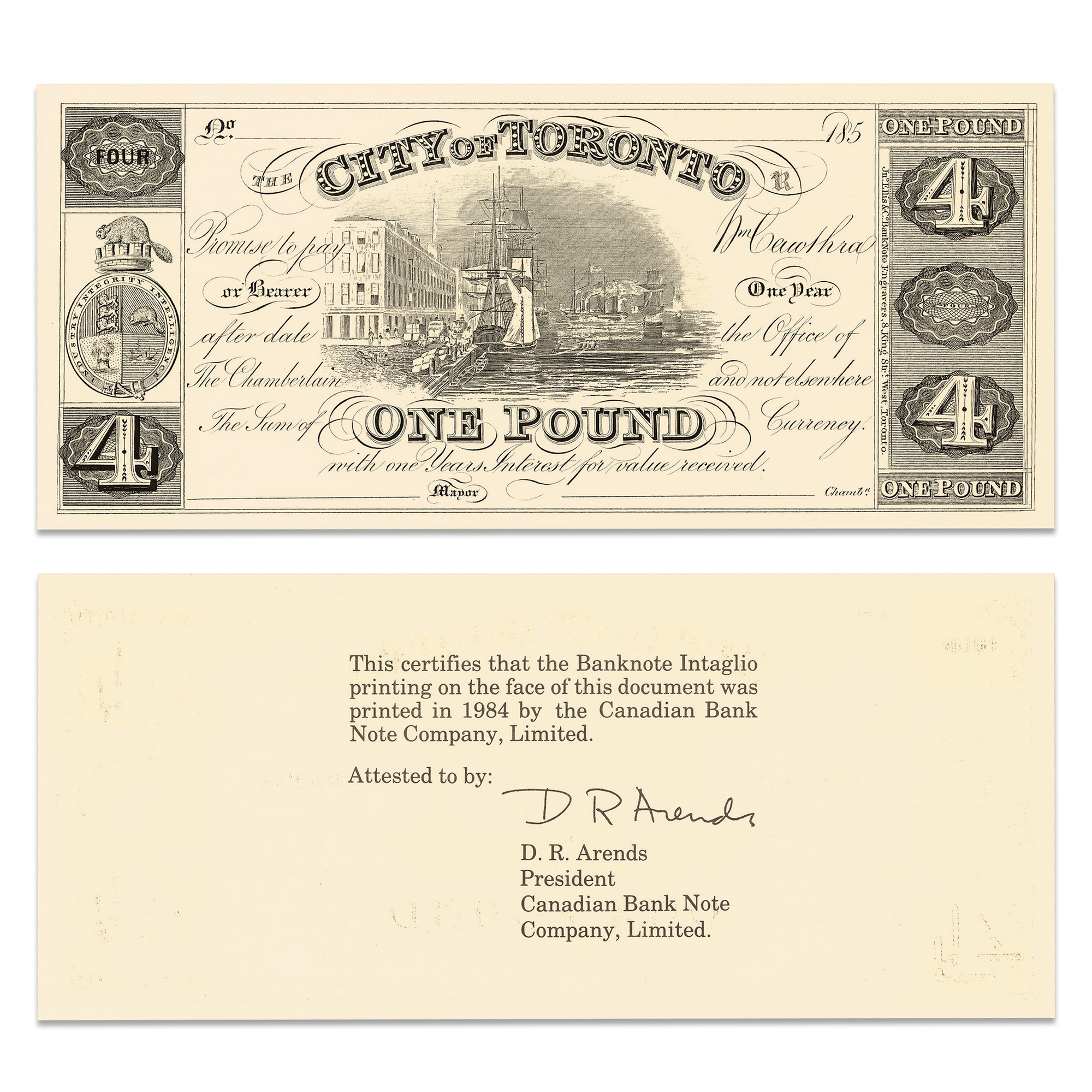 City of Toronto 1850–1852 $4 Banknote - Official 1984 Collector Reprint ...