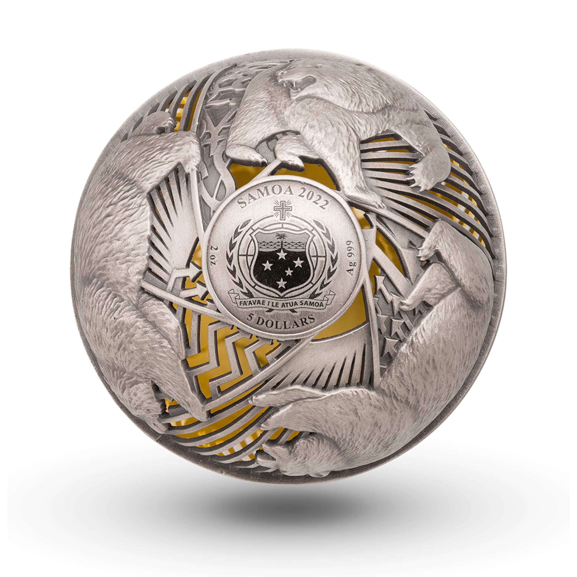 2022 $5 Bull and Bear Spherical Filigree Coin (Samoa, 2 oz fine silver ...