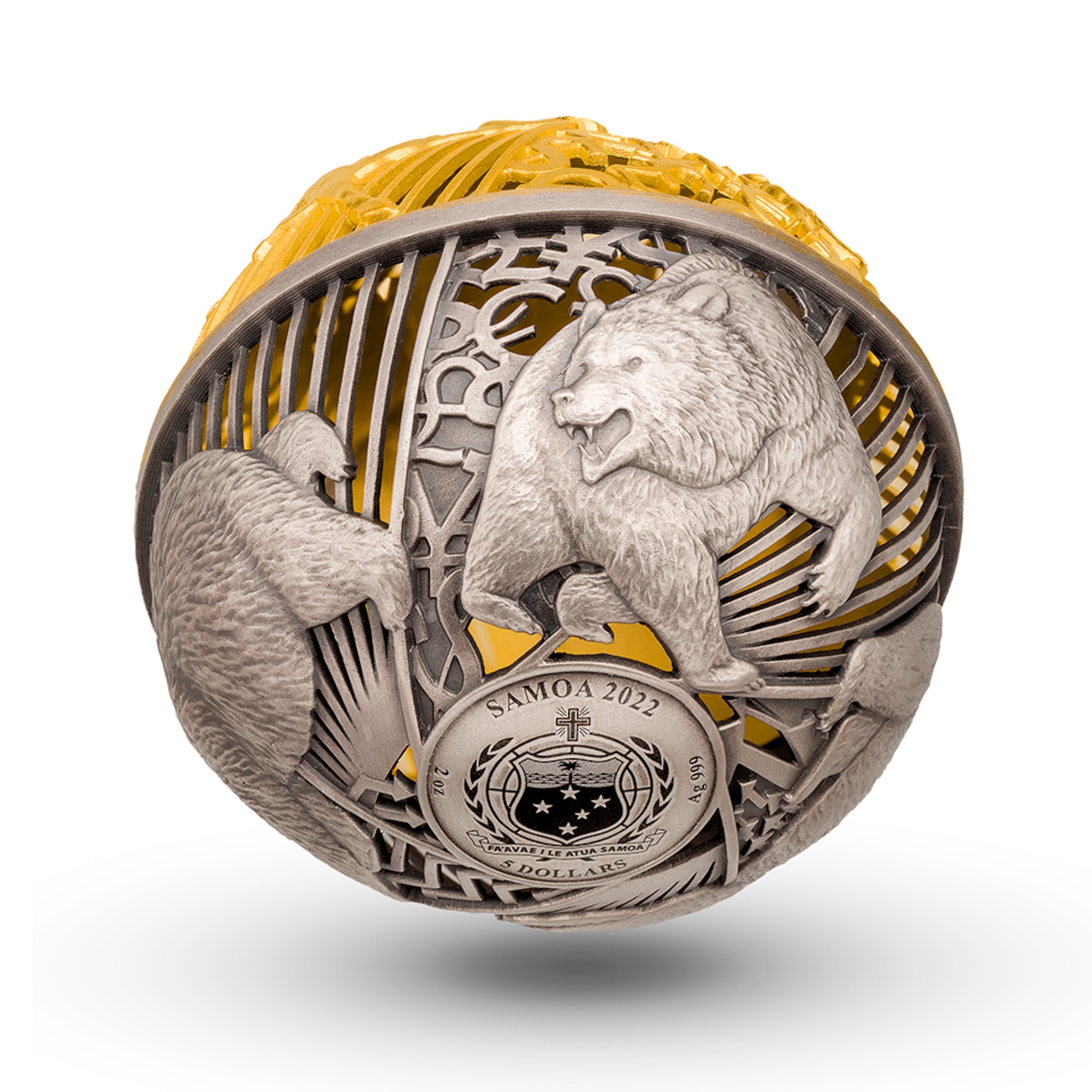 2022 $5 Bull and Bear Spherical Filigree Coin (Samoa, 2 oz fine silver ...