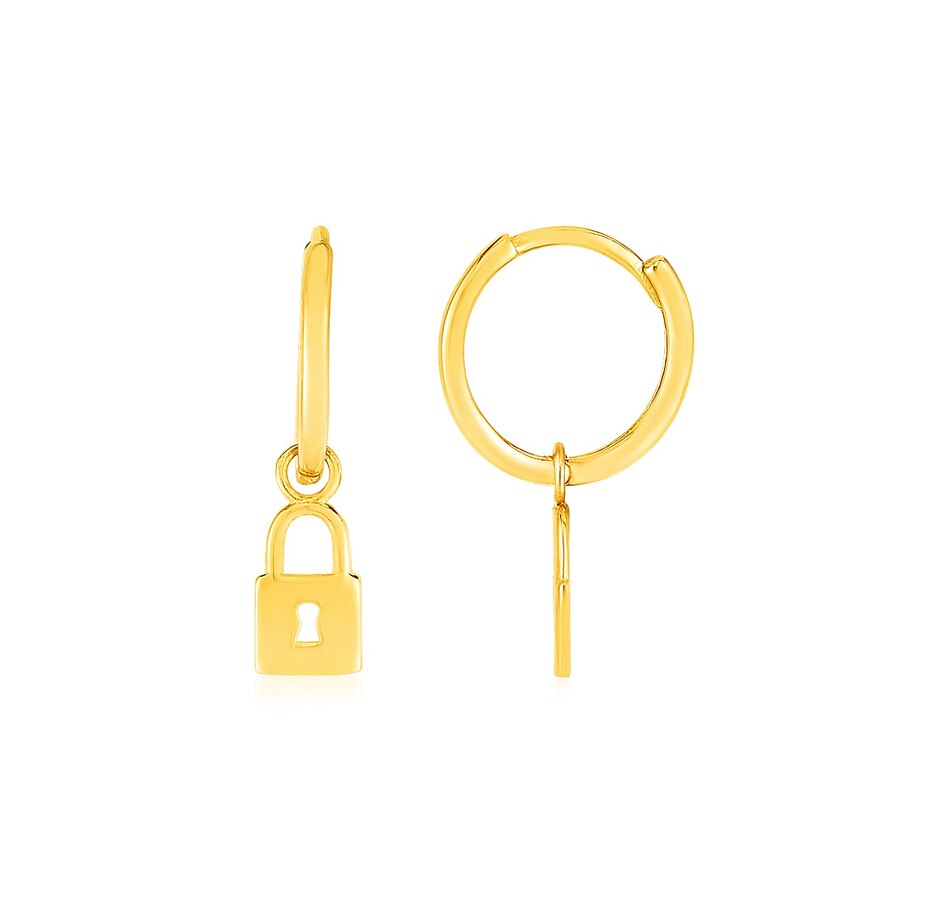 14k Yellow Gold Huggie Style Hoop Earrings with Padlock Drops - TSC.ca