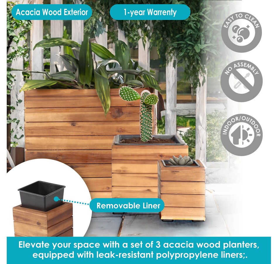 3-Piece Acacia Square Planter Boxes with Liners - TSC.ca