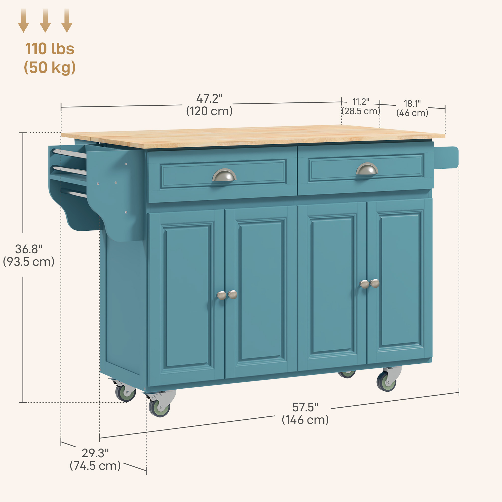 HOMCOM Kitchen Island with Storage, Kitchen Cart with Drop Leaf, Light ...