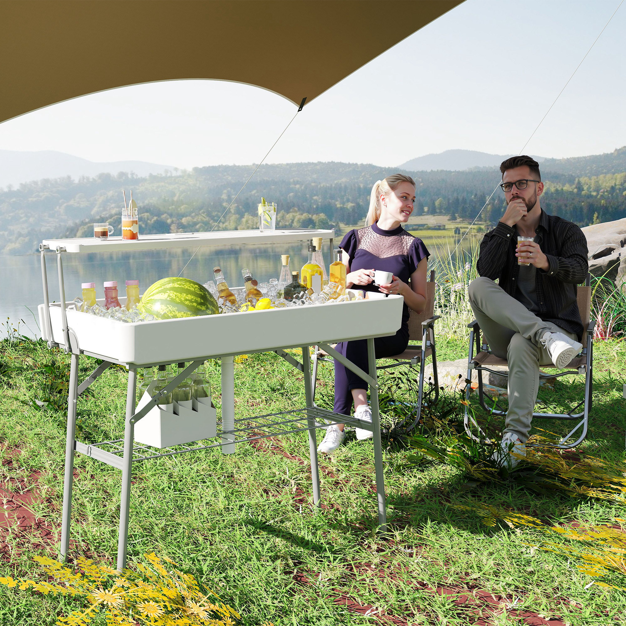 Outsunny 2-Tier Folding Ice Table with Drain, Outdoor Cooler Table ...