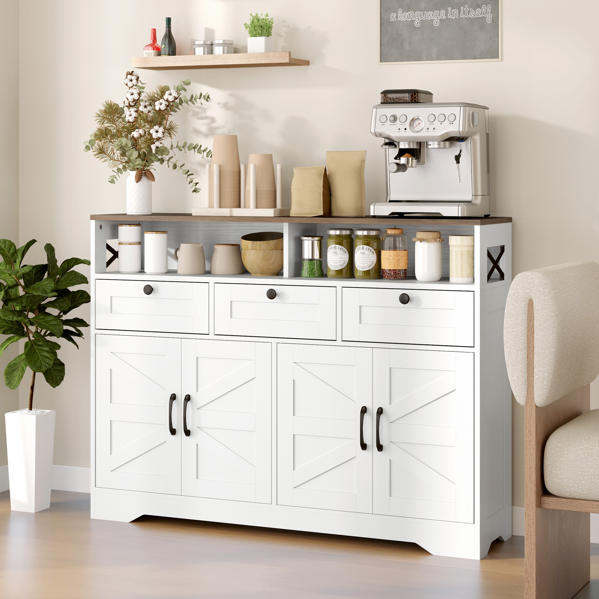 HOMCOM Sideboard, Buffet Cabinet with 4 Barn Doors and 3 Drawers White ...