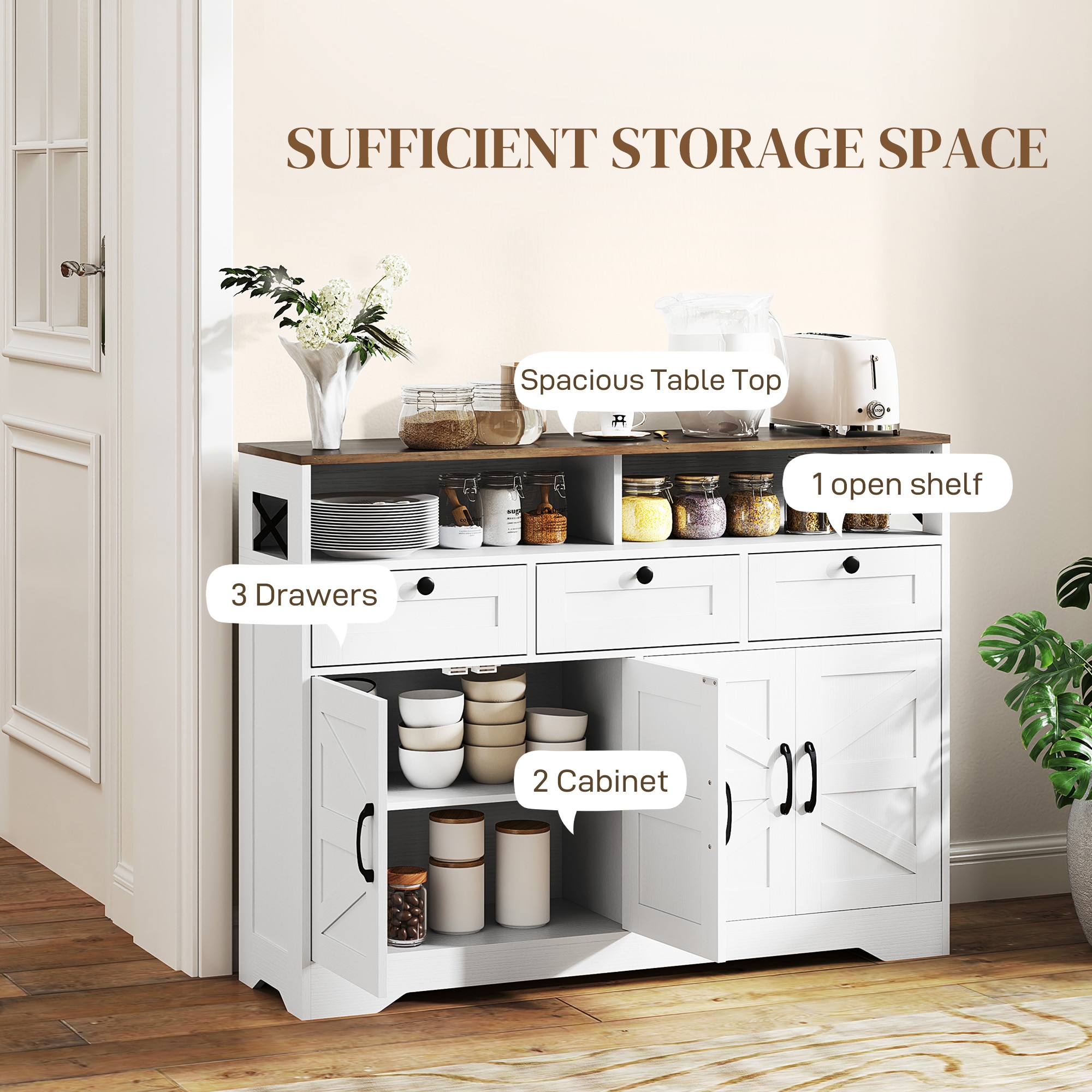 HOMCOM Sideboard, Buffet Cabinet with 4 Barn Doors and 3 Drawers White ...